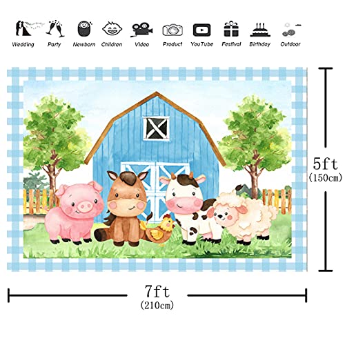 Aperturee 7x5ft Cartoon Farm Animals Photography Backdrop Blue Barn Barnyard Baby Shower Happy Birthday Photography Background Newborn Party Decoration Banner Photo Booth Cake Table Supplies