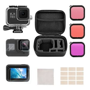 accessories kit for gopro hero 8 black with small shockproof case + waterproof housing case + tempered glass screen protectors + lens filters + anti-fog inserts bundle