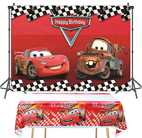 Car Racing Themed Backdrop and Tablecloth 70x42in Cartoon Cars Mobilization Birthday Party Decor Supplies Banner Background (5X3FT), Red