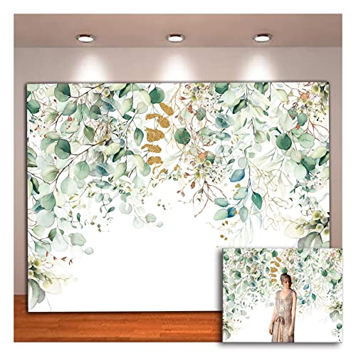 Gold and Green Eucalyptus Leaves Photography Background Spring Still Life Grass Leaf Background Prom Group Photo Backdrops for Wedding Baby Shower Birthday Party Decor Banner 7x5ft