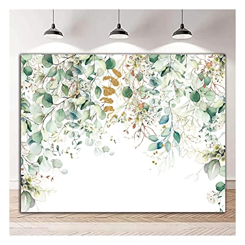 Gold and Green Eucalyptus Leaves Photography Background Spring Still Life Grass Leaf Background Prom Group Photo Backdrops for Wedding Baby Shower Birthday Party Decor Banner 7x5ft