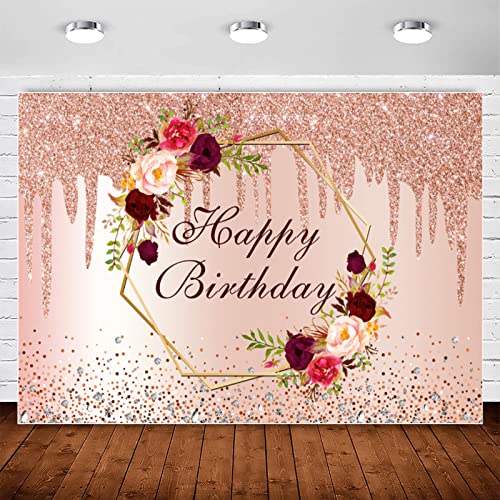 InMemory Glitter Rose Gold Birthday Backdrop Burgundy Flower Happy Birthday Photography Background Pink Gold Floral Backdrops for Women Girl Adult Bday Party Decorations Banner Photo Booth Props 7x5ft