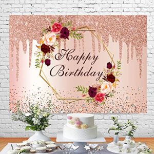 InMemory Glitter Rose Gold Birthday Backdrop Burgundy Flower Happy Birthday Photography Background Pink Gold Floral Backdrops for Women Girl Adult Bday Party Decorations Banner Photo Booth Props 7x5ft