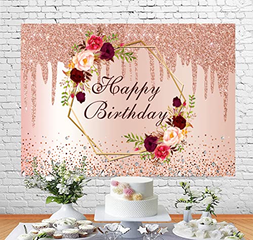 InMemory Glitter Rose Gold Birthday Backdrop Burgundy Flower Happy Birthday Photography Background Pink Gold Floral Backdrops for Women Girl Adult Bday Party Decorations Banner Photo Booth Props 7x5ft