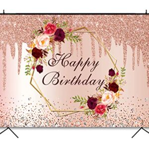 InMemory Glitter Rose Gold Birthday Backdrop Burgundy Flower Happy Birthday Photography Background Pink Gold Floral Backdrops for Women Girl Adult Bday Party Decorations Banner Photo Booth Props 7x5ft