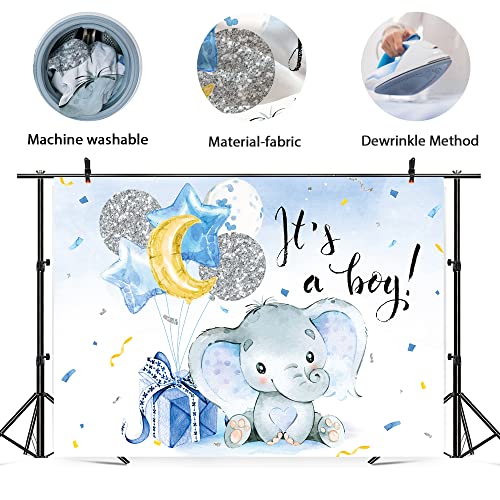 Newsely Boy Elephant Baby Shower Backdrop 7Wx5H Photography It's a Boy Blue and Silver Balloons Animal Background Star and Moon Gifts Party Decorations Banner Photo Booth Props Birthday Supplies