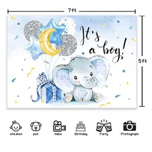 Newsely Boy Elephant Baby Shower Backdrop 7Wx5H Photography It's a Boy Blue and Silver Balloons Animal Background Star and Moon Gifts Party Decorations Banner Photo Booth Props Birthday Supplies