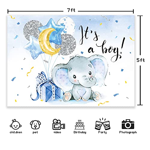 Newsely Boy Elephant Baby Shower Backdrop 7Wx5H Photography It's a Boy Blue and Silver Balloons Animal Background Star and Moon Gifts Party Decorations Banner Photo Booth Props Birthday Supplies