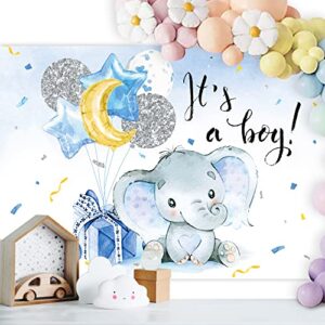 Newsely Boy Elephant Baby Shower Backdrop 7Wx5H Photography It's a Boy Blue and Silver Balloons Animal Background Star and Moon Gifts Party Decorations Banner Photo Booth Props Birthday Supplies