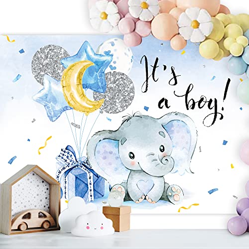 Newsely Boy Elephant Baby Shower Backdrop 7Wx5H Photography It's a Boy Blue and Silver Balloons Animal Background Star and Moon Gifts Party Decorations Banner Photo Booth Props Birthday Supplies