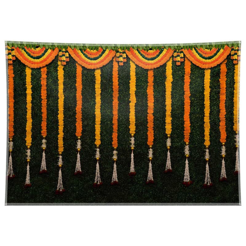 ZTHMOE 7x5ft Fabric India Pooja Traditional Photography Backdrop Hindu Puja Ganpati Mehndi Festival Background Marigold Garland Wedding Photo Tapestry Booth Props