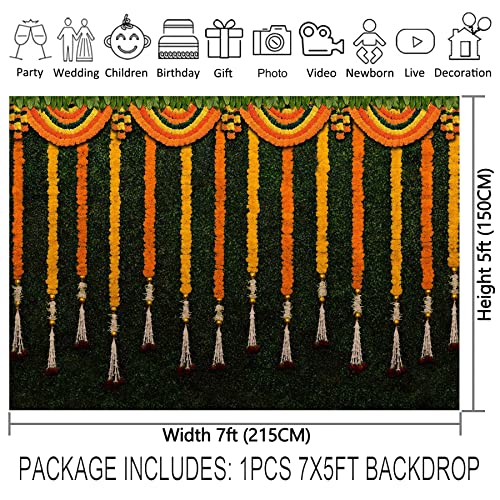 ZTHMOE 7x5ft Fabric India Pooja Traditional Photography Backdrop Hindu Puja Ganpati Mehndi Festival Background Marigold Garland Wedding Photo Tapestry Booth Props