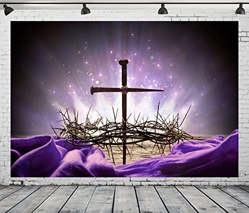 Loccor Fabric 7x5ft Crucifixion of Jesus Backdrop Crown of Thorns Cross Nail Holy Light Photography Background Purple Easter Religious Banner Christian Church Event Party Decoration Photo Booth Props