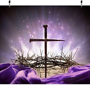 Loccor Fabric 7x5ft Crucifixion of Jesus Backdrop Crown of Thorns Cross Nail Holy Light Photography Background Purple Easter Religious Banner Christian Church Event Party Decoration Photo Booth Props