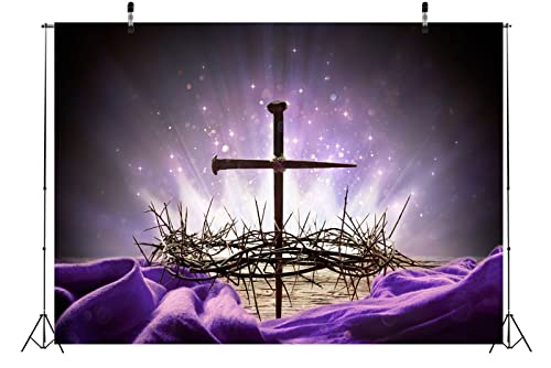 Loccor Fabric 7x5ft Crucifixion of Jesus Backdrop Crown of Thorns Cross Nail Holy Light Photography Background Purple Easter Religious Banner Christian Church Event Party Decoration Photo Booth Props