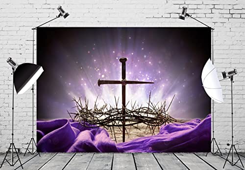 Loccor Fabric 7x5ft Crucifixion of Jesus Backdrop Crown of Thorns Cross Nail Holy Light Photography Background Purple Easter Religious Banner Christian Church Event Party Decoration Photo Booth Props