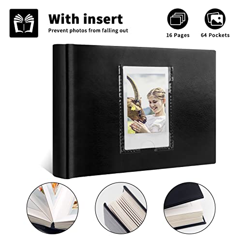 64 Pockets Mini Photo Album with Writing Space, Front Window, Polaroid Photo Albums 3 Inch for Fujifilm Instax Mini 12 11 9 8 7+ 40 EVO Film, Polaroid 300, HP Sprocket, K-pop Photocards (Black)