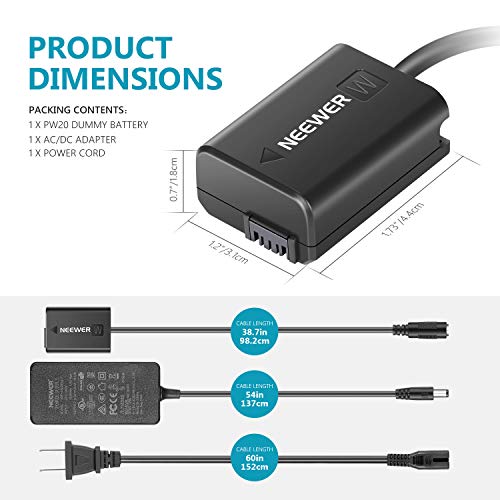 Neewer AC-PW20 AC Power Supply Adapter and DC Coupler Dummy Battery Charger Kit Replace NP-FW50 Battery Compatible with Sony A7/7R/7S A7II/7RII/7SII A6500/6400/6300/6100 NEX3/5/6/7 DSC-RX10 II III IV