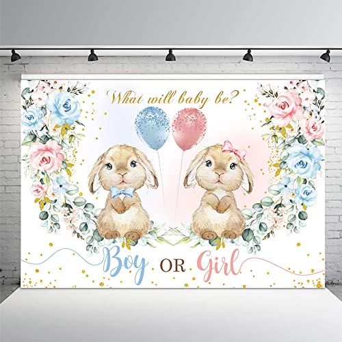 MEHOFOND Bunny Gender Reveal Backdrop Boy Or Girl What Will Our Little Bunny Be Banner Spring Easter Rabbit Floral Kids Party Decoration Supplies Photography Background Photobooth Props 7x5ft