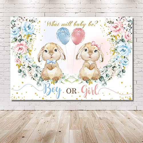 MEHOFOND Bunny Gender Reveal Backdrop Boy Or Girl What Will Our Little Bunny Be Banner Spring Easter Rabbit Floral Kids Party Decoration Supplies Photography Background Photobooth Props 7x5ft