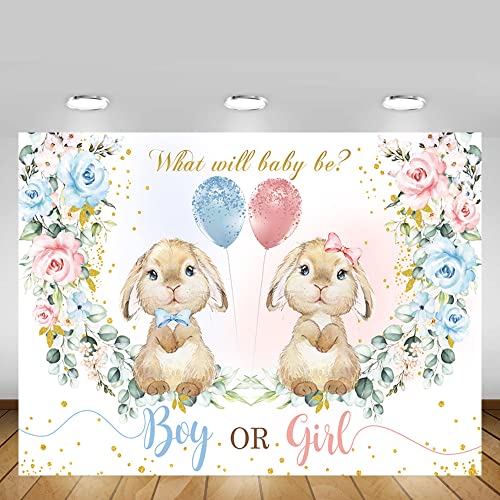 MEHOFOND Bunny Gender Reveal Backdrop Boy Or Girl What Will Our Little Bunny Be Banner Spring Easter Rabbit Floral Kids Party Decoration Supplies Photography Background Photobooth Props 7x5ft