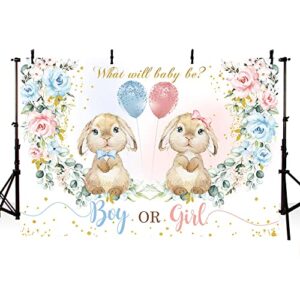 MEHOFOND Bunny Gender Reveal Backdrop Boy Or Girl What Will Our Little Bunny Be Banner Spring Easter Rabbit Floral Kids Party Decoration Supplies Photography Background Photobooth Props 7x5ft