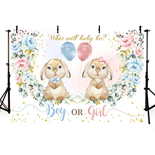 MEHOFOND Bunny Gender Reveal Backdrop Boy Or Girl What Will Our Little Bunny Be Banner Spring Easter Rabbit Floral Kids Party Decoration Supplies Photography Background Photobooth Props 7x5ft