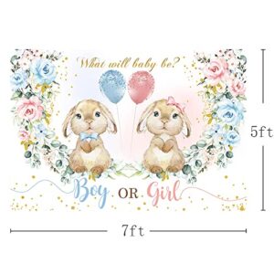 MEHOFOND Bunny Gender Reveal Backdrop Boy Or Girl What Will Our Little Bunny Be Banner Spring Easter Rabbit Floral Kids Party Decoration Supplies Photography Background Photobooth Props 7x5ft