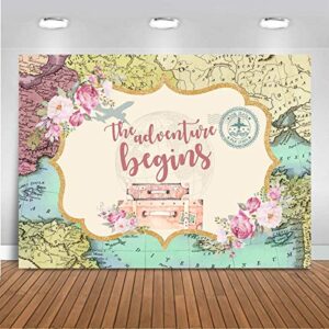 mocsicka adventure awaits backdrop global travel adventure begins travel baby shower party decorations vinyl dessert table background photobooth prop (7x5ft)