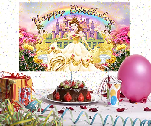 Princess Belle Backdrop for Birthday Party Supplies 5x3ft Beauty and The Beast Photo Backgrounds Belle Theme Baby Shower Banner for Birthday Cake Table Decoration