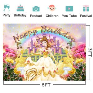 Princess Belle Backdrop for Birthday Party Supplies 5x3ft Beauty and The Beast Photo Backgrounds Belle Theme Baby Shower Banner for Birthday Cake Table Decoration