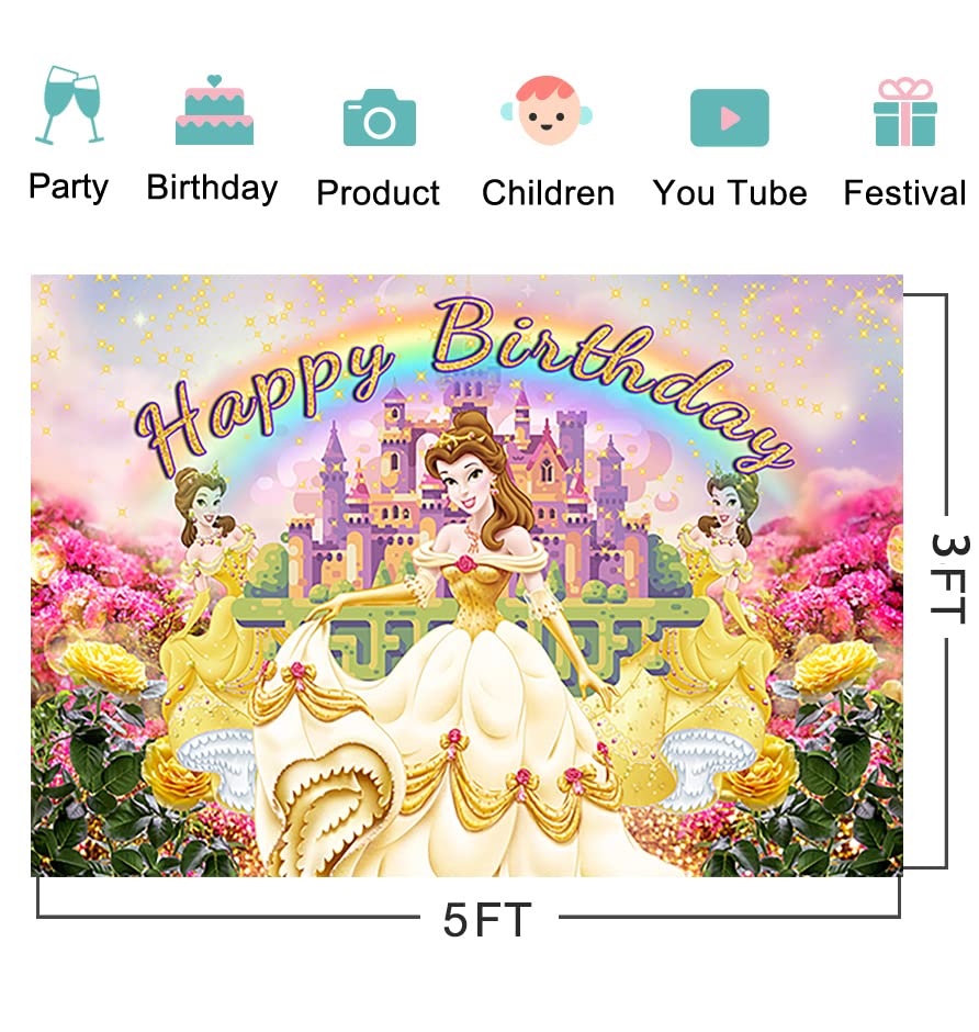 Princess Belle Backdrop for Birthday Party Supplies 5x3ft Beauty and The Beast Photo Backgrounds Belle Theme Baby Shower Banner for Birthday Cake Table Decoration