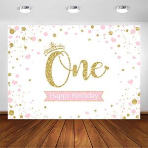 avezano 1st birthday backdrop for girl pink and gold princess birthday party photoshoot crown glitter confetti baby first one happy birthday party decorations background (7x5ft, pink and gold)