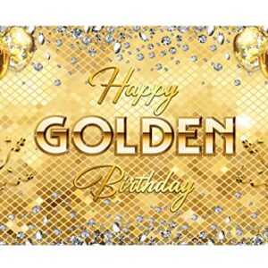 Funnytree 70.8" x 43.3" Happy Golden Birthday Backdrop Gold Shiny Glitter Diamonds Balloons Background Bday Girls Luxury Party Supplies Banner Cake Table Decor Photobooth Props Gifts Fabric