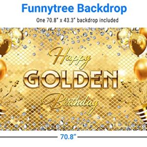 Funnytree 70.8" x 43.3" Happy Golden Birthday Backdrop Gold Shiny Glitter Diamonds Balloons Background Bday Girls Luxury Party Supplies Banner Cake Table Decor Photobooth Props Gifts Fabric