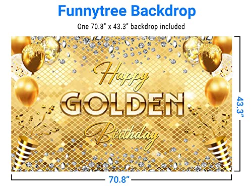 Funnytree 70.8" x 43.3" Happy Golden Birthday Backdrop Gold Shiny Glitter Diamonds Balloons Background Bday Girls Luxury Party Supplies Banner Cake Table Decor Photobooth Props Gifts Fabric