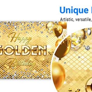 Funnytree 70.8" x 43.3" Happy Golden Birthday Backdrop Gold Shiny Glitter Diamonds Balloons Background Bday Girls Luxury Party Supplies Banner Cake Table Decor Photobooth Props Gifts Fabric