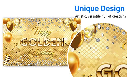 Funnytree 70.8" x 43.3" Happy Golden Birthday Backdrop Gold Shiny Glitter Diamonds Balloons Background Bday Girls Luxury Party Supplies Banner Cake Table Decor Photobooth Props Gifts Fabric