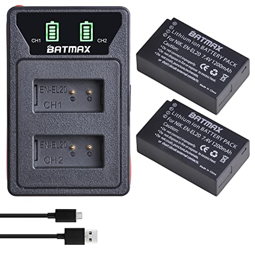 Batmax EN-EL20 Battery (2-Pack) + LED Built-in USB LCD Charger for Nikon EN-EL20 EN-EL20a Nikon P1000,1 J1, 1 J2, 1 J3, 1 S1, 1 V3, Coolpix A, 1 AW1,Coolpix P950 Cameras