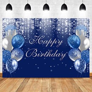 Mocsicka Royal Blue and Silver Happy Birthday Backdrop Blue Balloons Glitter Bokeh Dots Photography Background for Adults Women Birthday Party Decoration Banner Photo Booth Props (7x5ft)