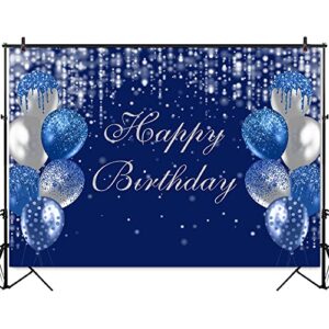 Mocsicka Royal Blue and Silver Happy Birthday Backdrop Blue Balloons Glitter Bokeh Dots Photography Background for Adults Women Birthday Party Decoration Banner Photo Booth Props (7x5ft)