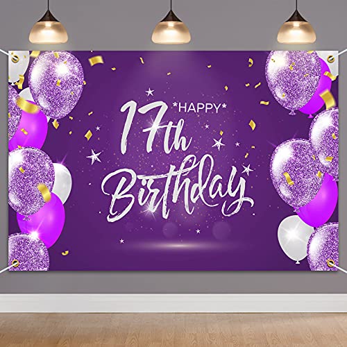 HAMIGAR 6x4ft Happy 17th Birthday Banner Backdrop - 17 Years Old Birthday Decorations Party Supplies for Girls - Purple