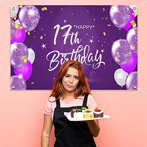 HAMIGAR 6x4ft Happy 17th Birthday Banner Backdrop - 17 Years Old Birthday Decorations Party Supplies for Girls - Purple