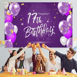 HAMIGAR 6x4ft Happy 17th Birthday Banner Backdrop - 17 Years Old Birthday Decorations Party Supplies for Girls - Purple