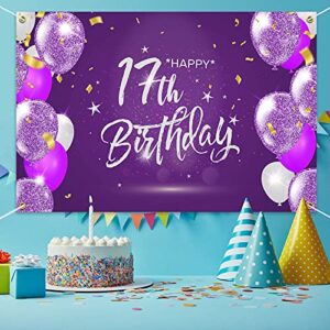 HAMIGAR 6x4ft Happy 17th Birthday Banner Backdrop - 17 Years Old Birthday Decorations Party Supplies for Girls - Purple