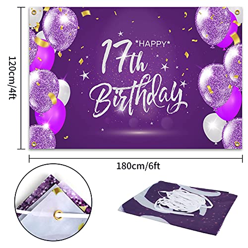 HAMIGAR 6x4ft Happy 17th Birthday Banner Backdrop - 17 Years Old Birthday Decorations Party Supplies for Girls - Purple