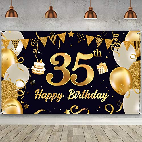 Happy 35th Birthday Party Decorations, Extra Large Black Gold 35th Birthday Party Banner Photo Backdrop Background for Men Women 35th Birthday Anniversary Party Decor Supplies 72.8 x 43.3 Inch