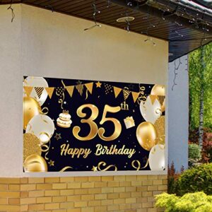 Happy 35th Birthday Party Decorations, Extra Large Black Gold 35th Birthday Party Banner Photo Backdrop Background for Men Women 35th Birthday Anniversary Party Decor Supplies 72.8 x 43.3 Inch