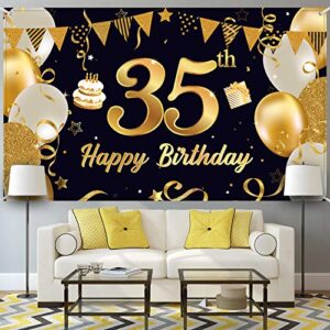 Happy 35th Birthday Party Decorations, Extra Large Black Gold 35th Birthday Party Banner Photo Backdrop Background for Men Women 35th Birthday Anniversary Party Decor Supplies 72.8 x 43.3 Inch