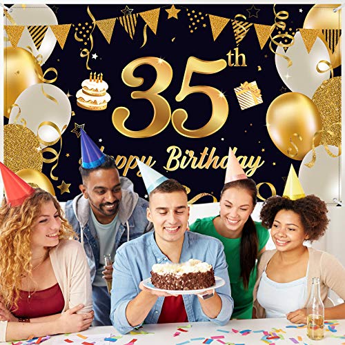 Happy 35th Birthday Party Decorations, Extra Large Black Gold 35th Birthday Party Banner Photo Backdrop Background for Men Women 35th Birthday Anniversary Party Decor Supplies 72.8 x 43.3 Inch